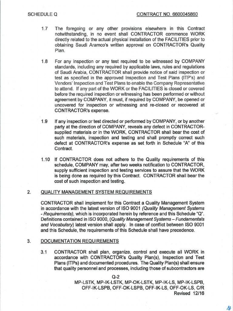 Schedule Q (NEW CONTRACT) 3 | PDF | Quality Management System | Iso 9000