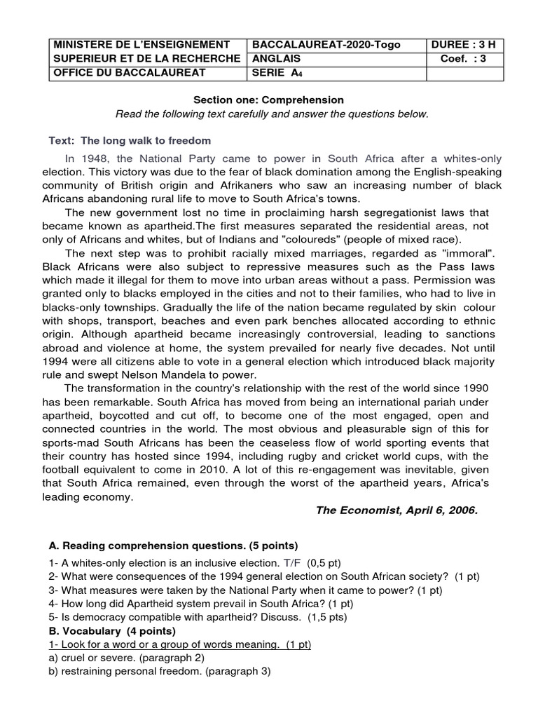 Epreuve Bac a4 2020 Anglais Togo | PDF | Apartheid | Politics And Race