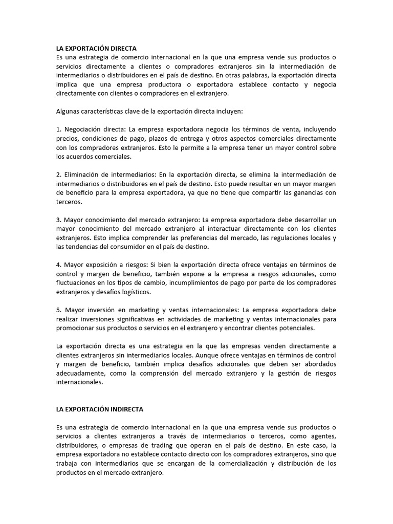LA EXPORTACIÓN DIRECTA E INDIRECTA | PDF | Exportaciones | Marketing
