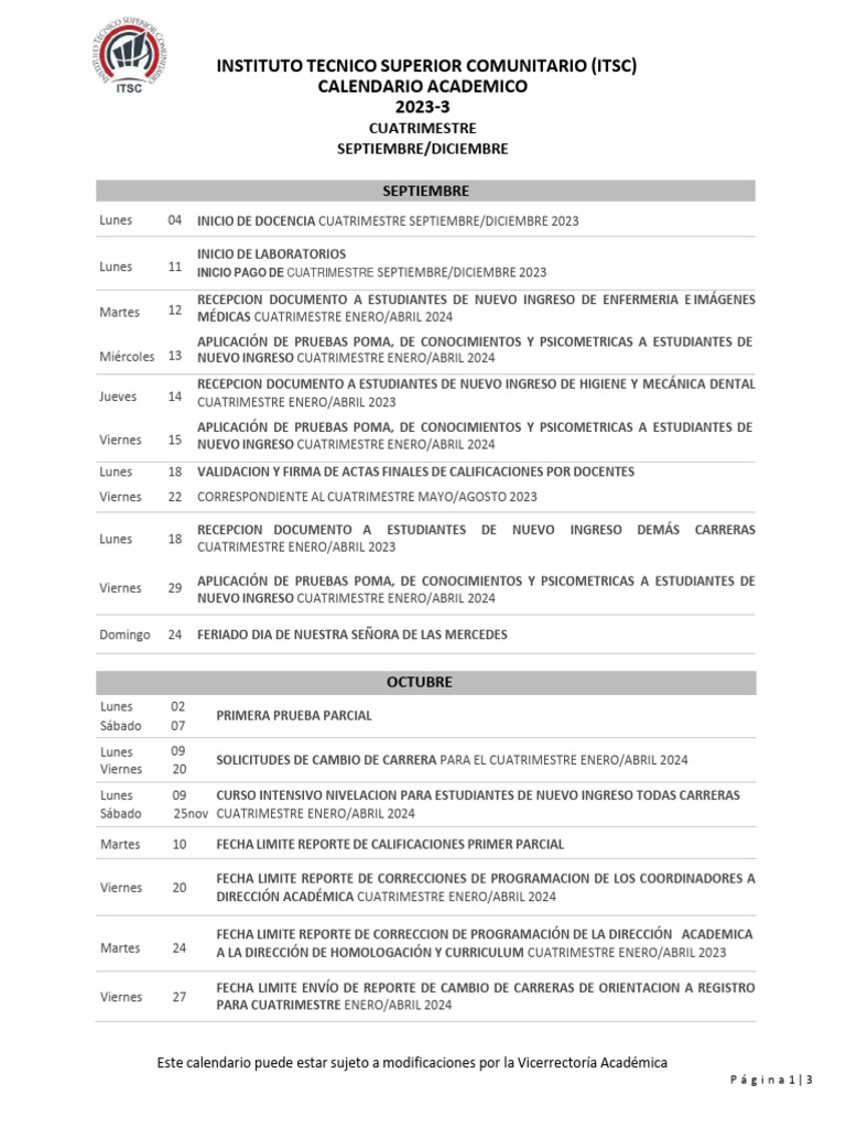 Calendario Académico ITSC 2023-3 | PDF