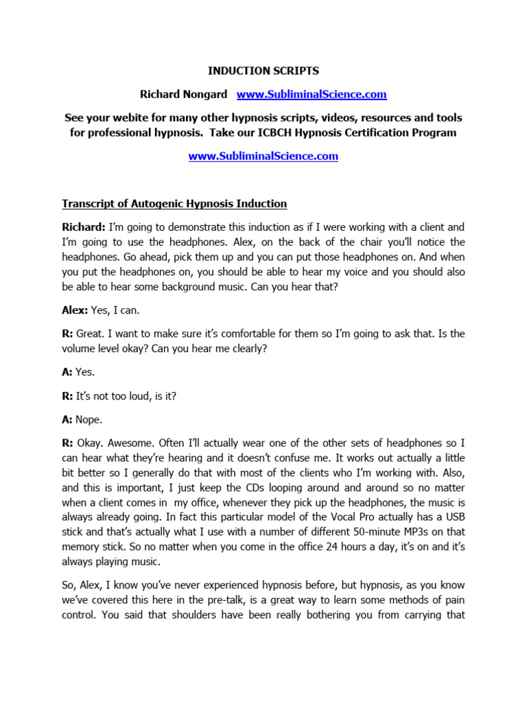 Induction Scripts | PDF | Hypnosis | Relaxation (Psychology)