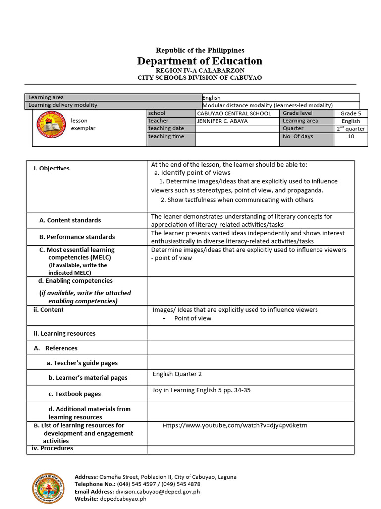 Grade 5 English Lesson Exemplar Q2 | PDF | Learning | Propaganda