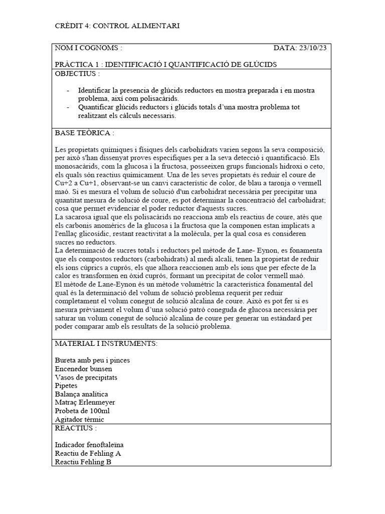 Fitxa Pràctica Identificació I Identificació de Glúcids | PDF