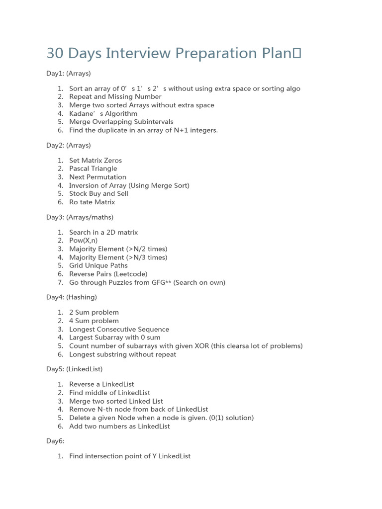30 Days Interview Preparation Plan? | PDF | Matrix (Mathematics) | Permutation