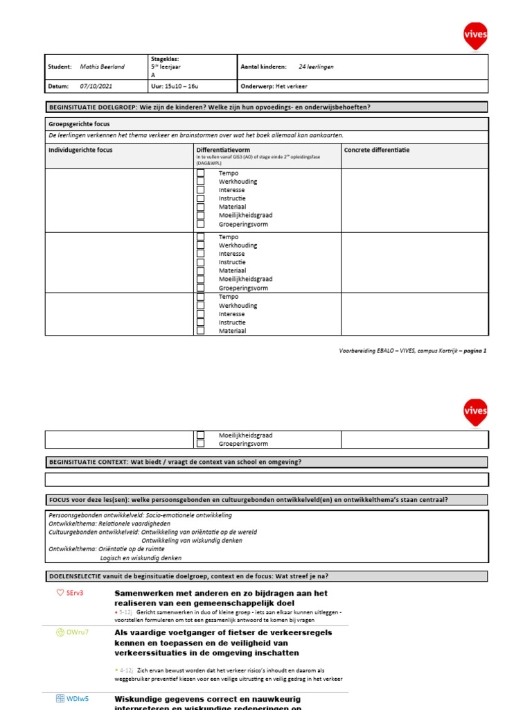 Voorbereidingsfiche Verkeer Les 1 & 2 (2ebalo) | PDF