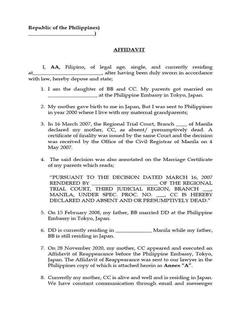 Sample Affidavit of Reappearance | PDF | Affidavit | Legal Documents
