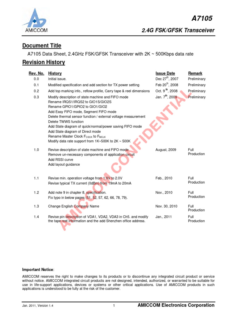 A7105 Datasheet v1.4 | PDF | Radio | Analog To Digital Converter