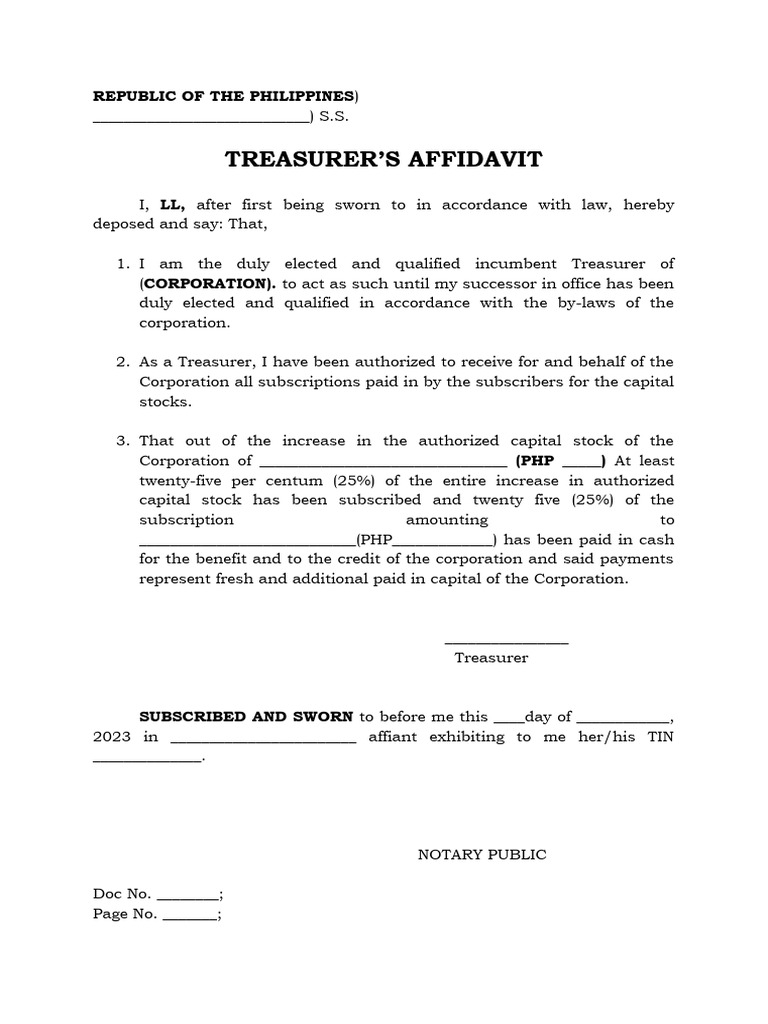 Treasurer's Affidavit for Corporation | PDF | Finance & Money Management