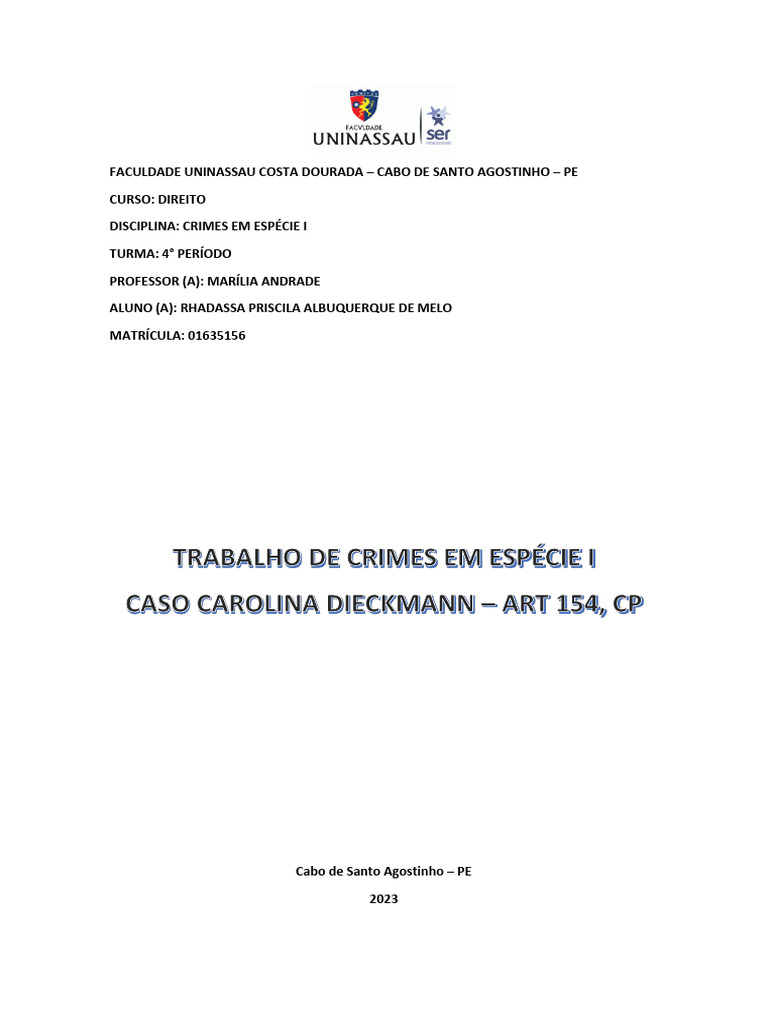 Trabalho Crimes em Espécie I - Caso Carolina Dieckmann - Art. 154-A | PDF | Crimes cibernéticos ...