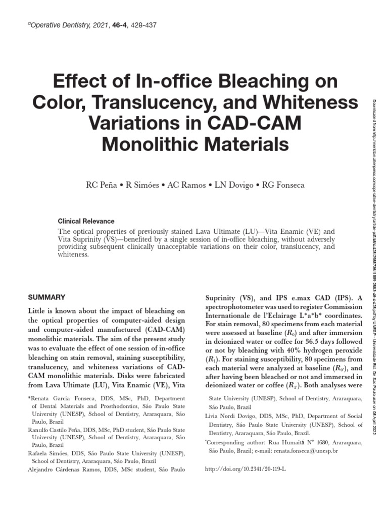 Effect of In-Office Bleaching On Color, Translucency and Whiteness Variations in CAD-CAM ...