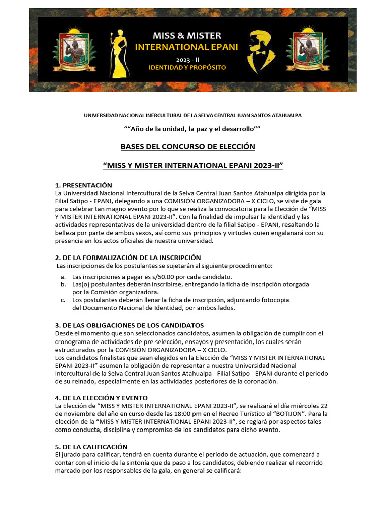 Bases "Miss y Mister International Epani 2023-II | PDF