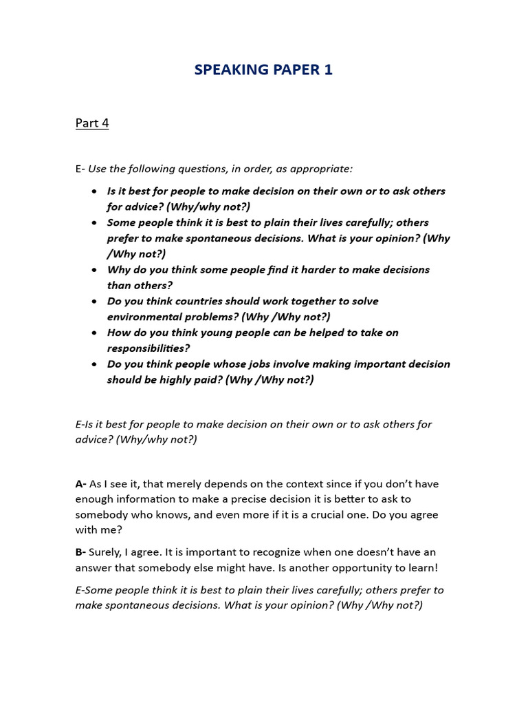 Speaking Paper 1 - Part 4 | PDF | Cognition