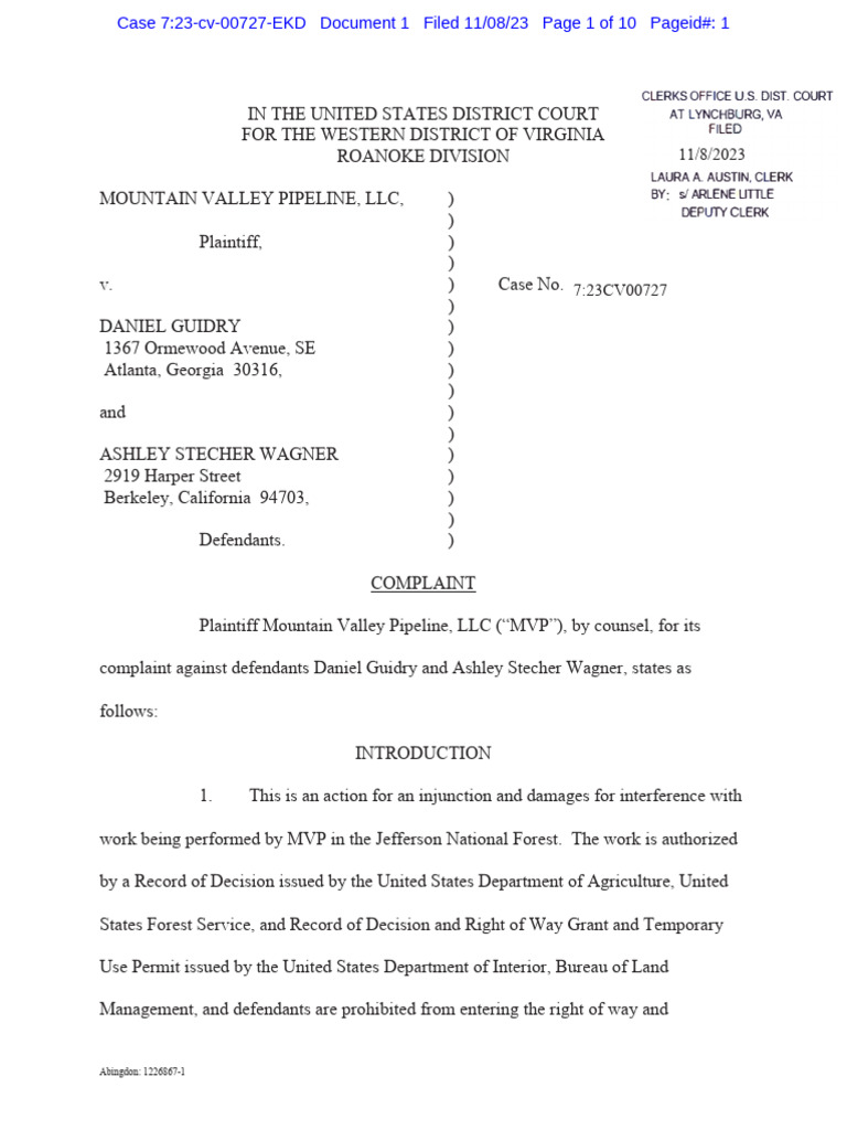 Mountain Valley Pipeline LLC V Guidry Et Al Vawdce-23-00727 0001.0 ...