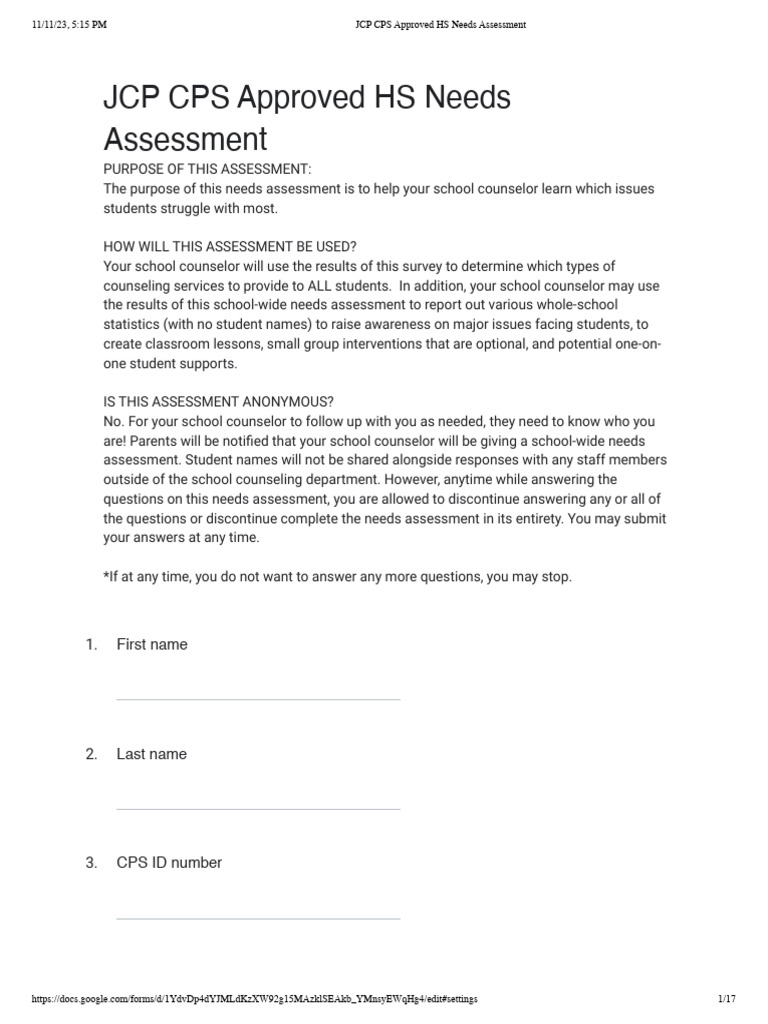 JCP Cps Approved Hs Needs Assessment - Google Forms | PDF | School Counselor | Needs Assessment