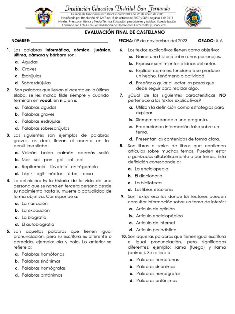 Examen Final de Castellano 5° | PDF | Comunicación humana | Lingüística