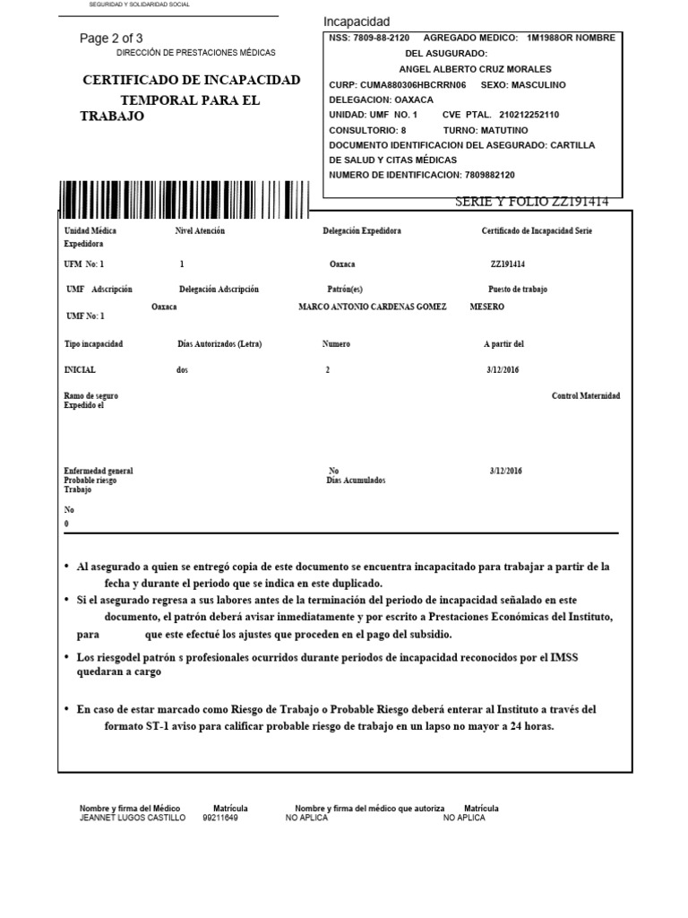 Certificado de Incapacidad IMSS 2025 | PDF