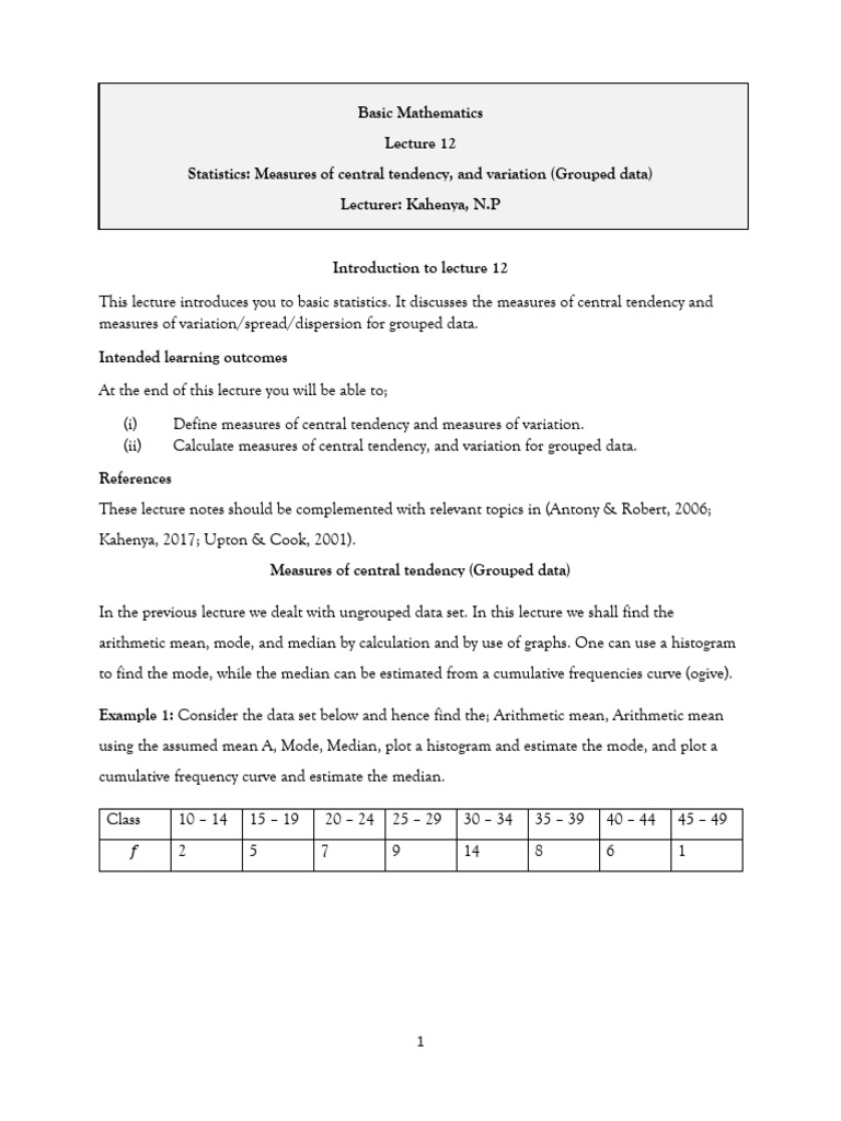 Basic Mathematics - Lecture 12 | PDF | Mode (Statistics) | Histogram