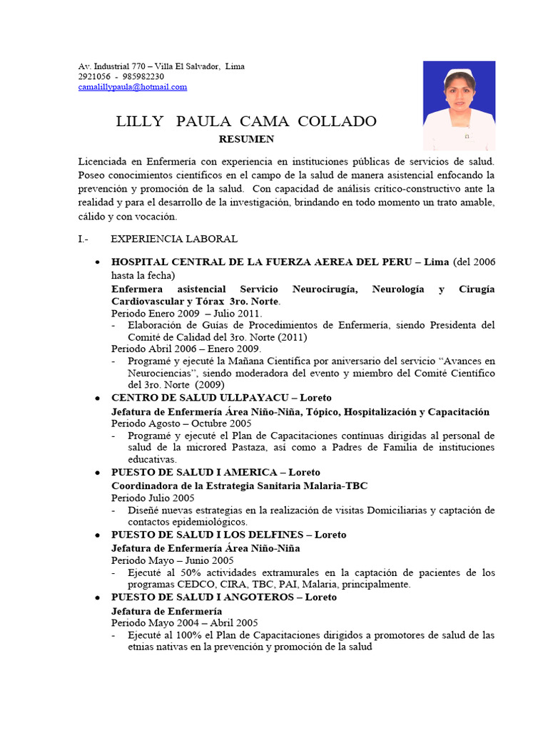 CV de Lilly Cama | PDF | Enfermería | Hospital