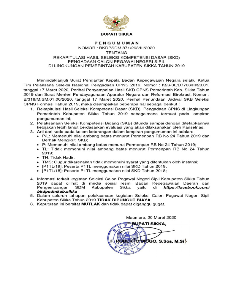 Pengumuman Rekapitulasi Hasil Seleksi Kompetensi Dasar (SKD) Pengadaan Cpns | PDF