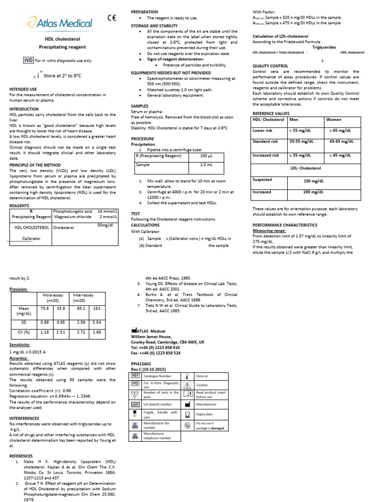 HDL Cholesterol Precipitating Package Insert | PDF | High Density ...