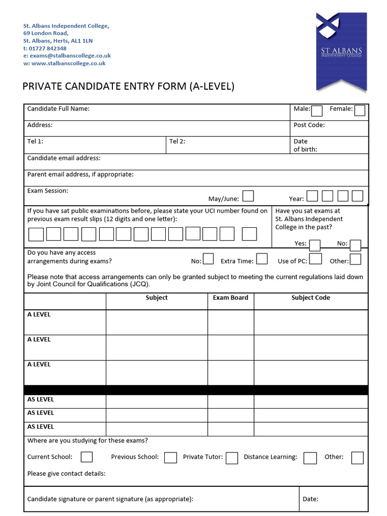 Private Candidate Entry Form A Level | PDF