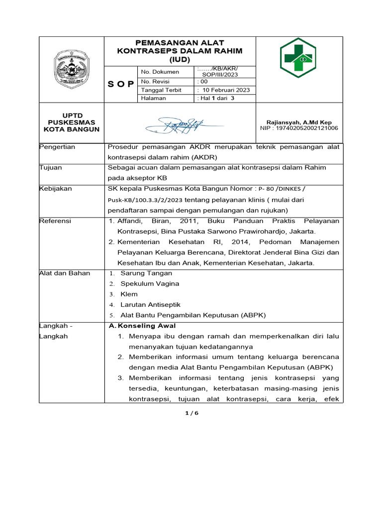 Sop Pemasangan Iud | PDF
