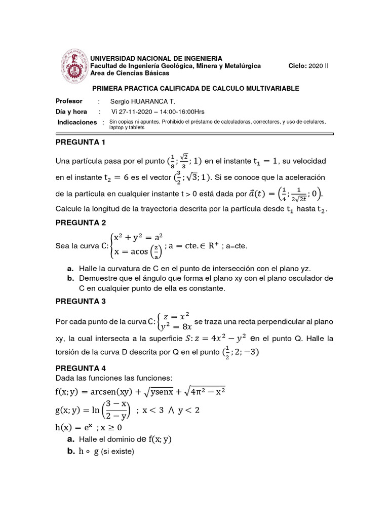 1ra P.C Calculo Multivariable 2020 II | PDF