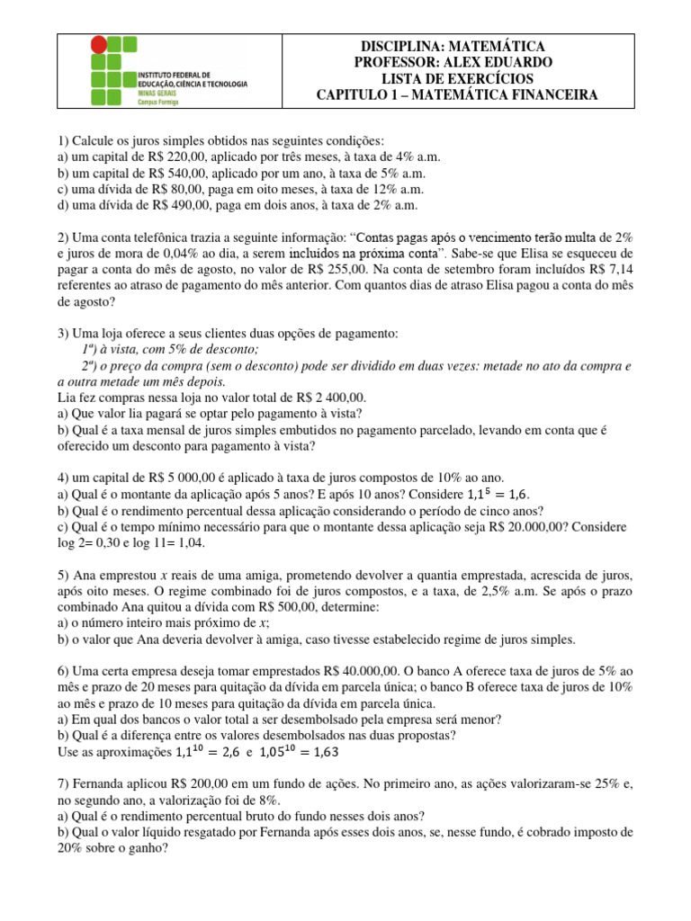 Lista de Exercicios - Cap 1 - Mat Financeira | PDF | Juros | Sequência