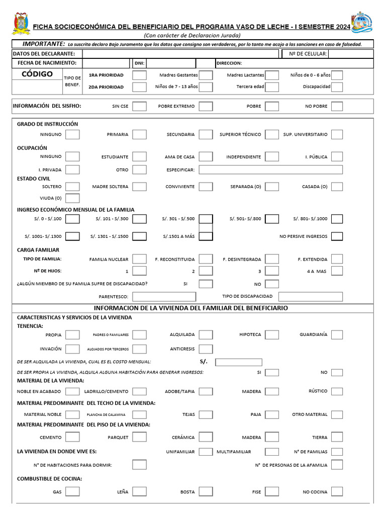 Ficha Socioeconómica Del Beneficiario de PVL - I Semestre 2024. | PDF ...