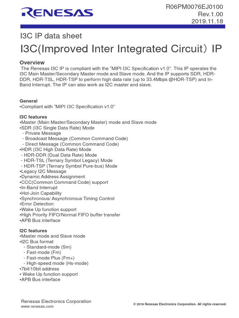 Renesas I3C IP Data Sheet Overview | PDF | Information And Communications Technology | Data ...
