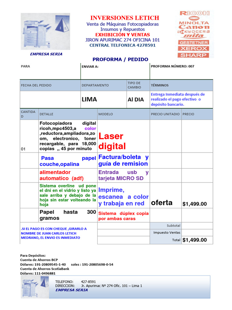 Proforma A Color Ricoh MPC 4503 | PDF | Fotocopiadora | Impresora ...