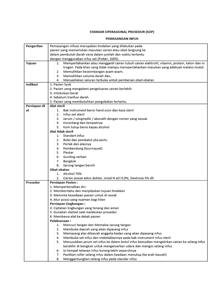 STANDAR OPERASIONAL PROSEDUR Pemasangan Infus | PDF