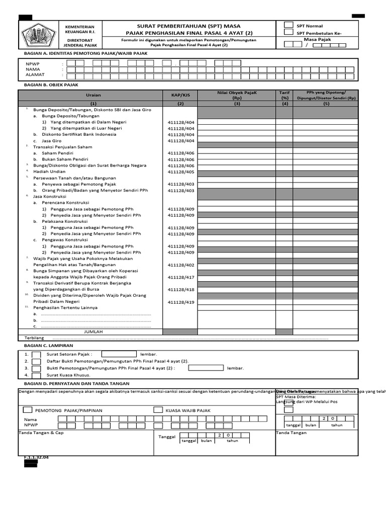 Form SPT Masa PPH Pasal 4 Ayat 2 Bukti Potong | PDF
