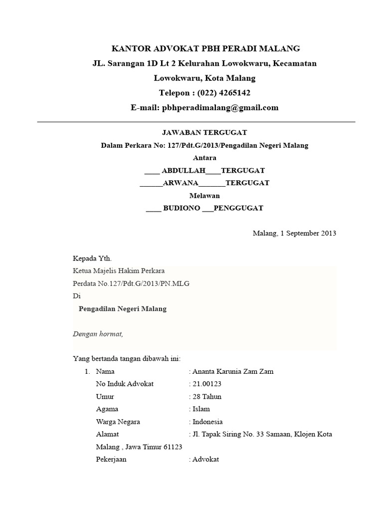 Jawaban Gugatan Rekonvensi Perdata Ananta | PDF