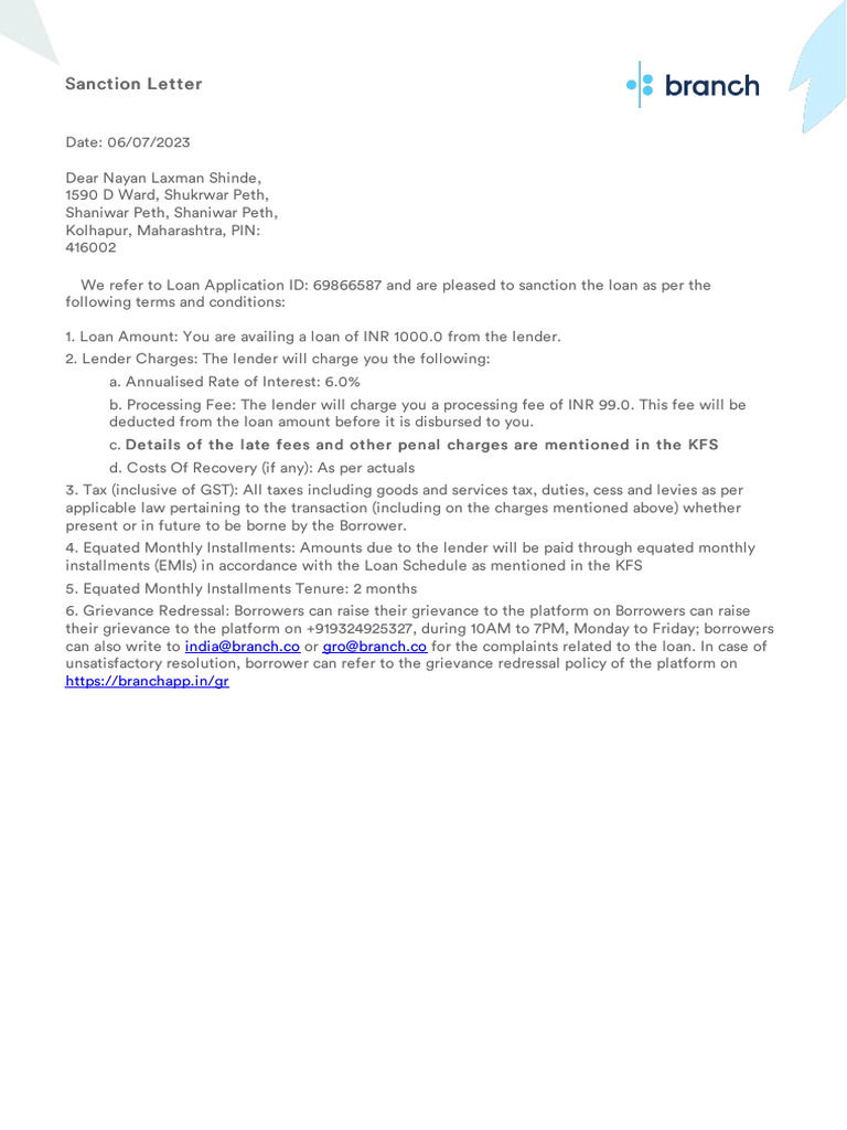 Sanction Letter | PDF