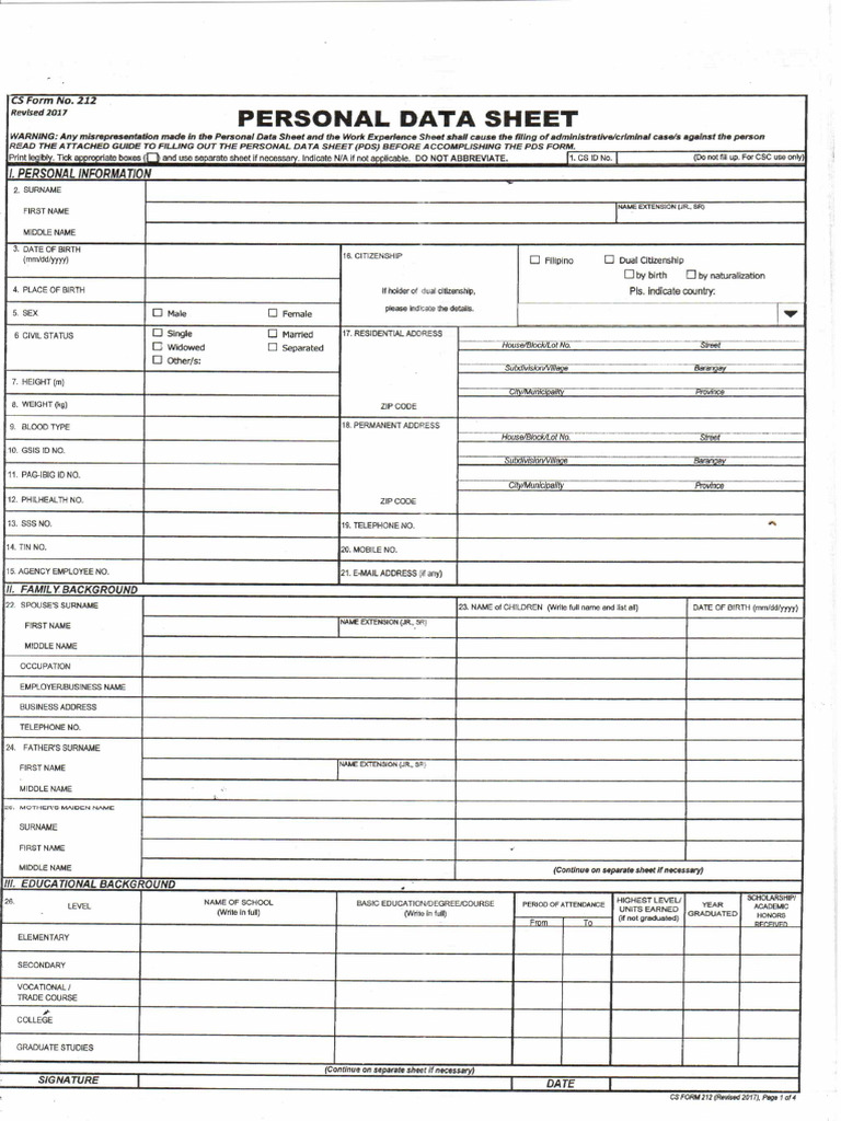 CS Form No. 212 PDS | PDF