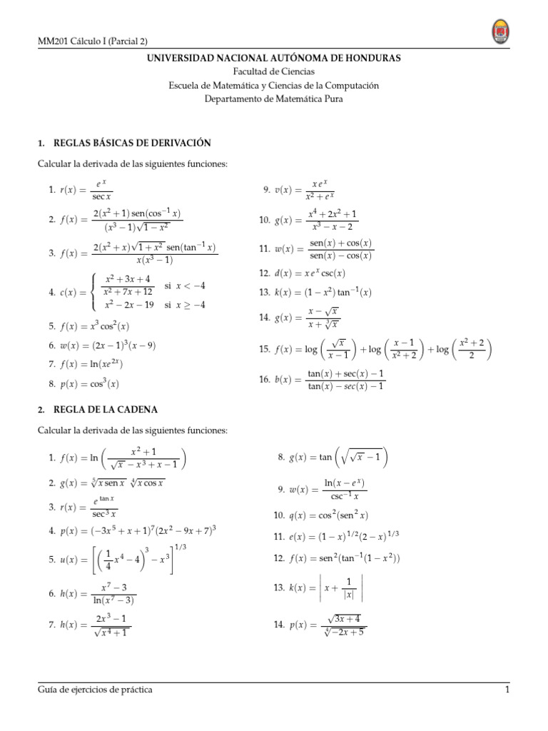 Guía de Ejercicios de Práctica Parcial 2 MM201 Cálculo I 1 | PDF | Matemáticas | Análisis matemático