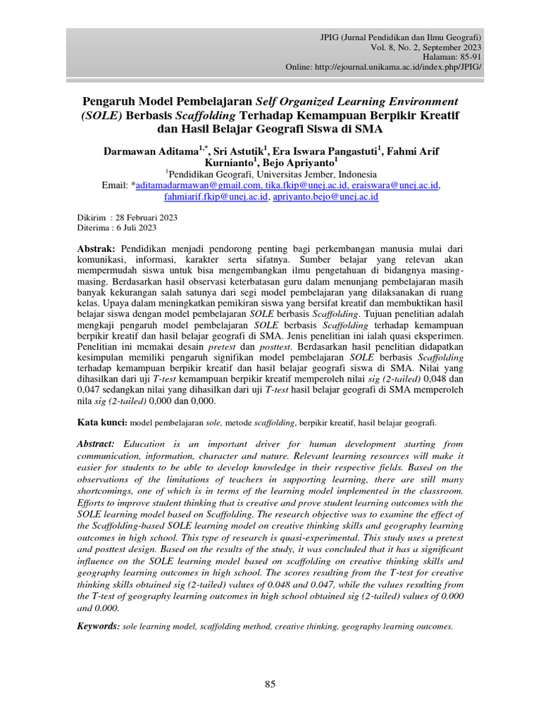 Pengaruh Model Pembelajaran Self Organized Learning Environment Dan Hasil Belajar Geografi Siswa ...