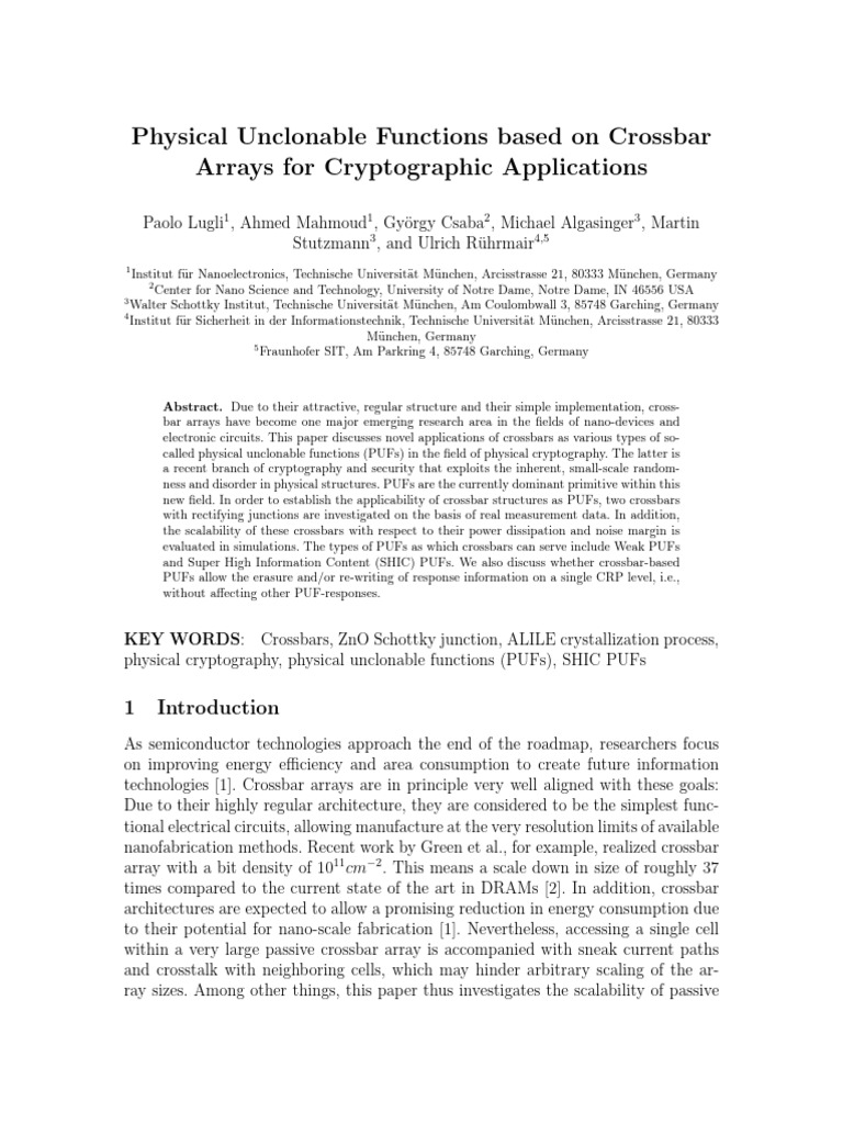 Physical Unclonable Functions Based On Crossbar Arrays For Cryptographic Applications Pdf