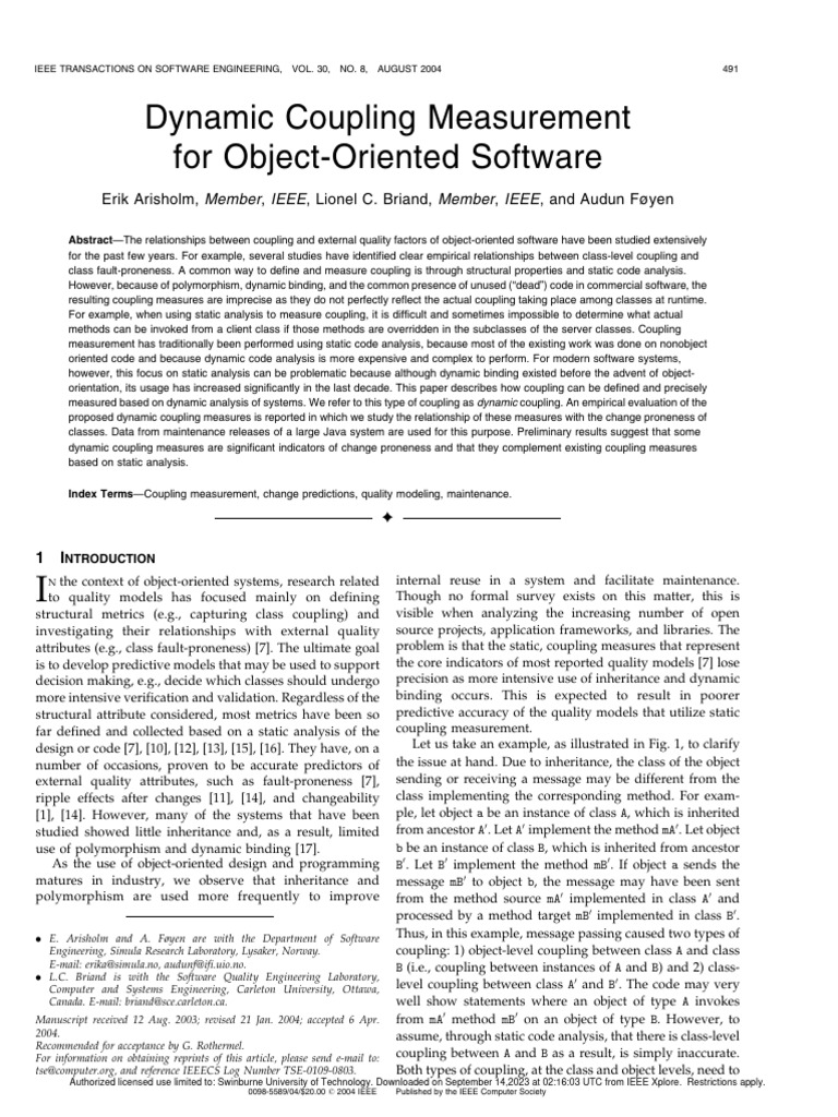 Dynamic Coupling Measurement For Object Oriented Software Pdf Class Computer Programming 3670