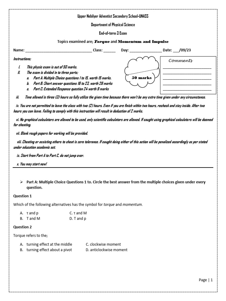 UNASS Physical Science Exam: Torque & Momentum | PDF | Force | Collision
