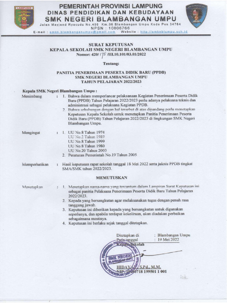 SK Panitia PPDB - 2022 | PDF