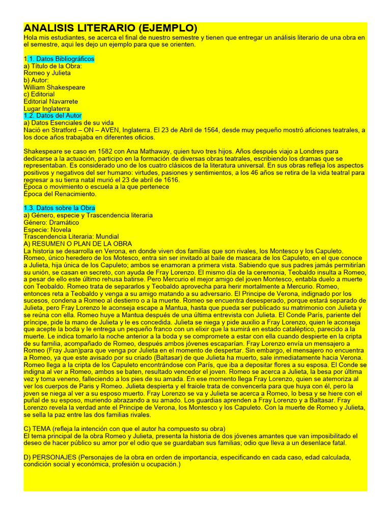 Modelo de Analisis Literario - Romeo y Julieta | Descargar gratis PDF ...