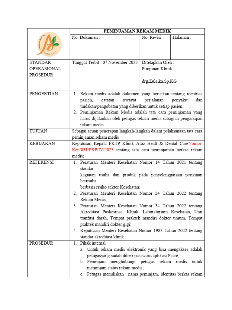 SOP Peminjaman Rekam Medik Atoz | PDF