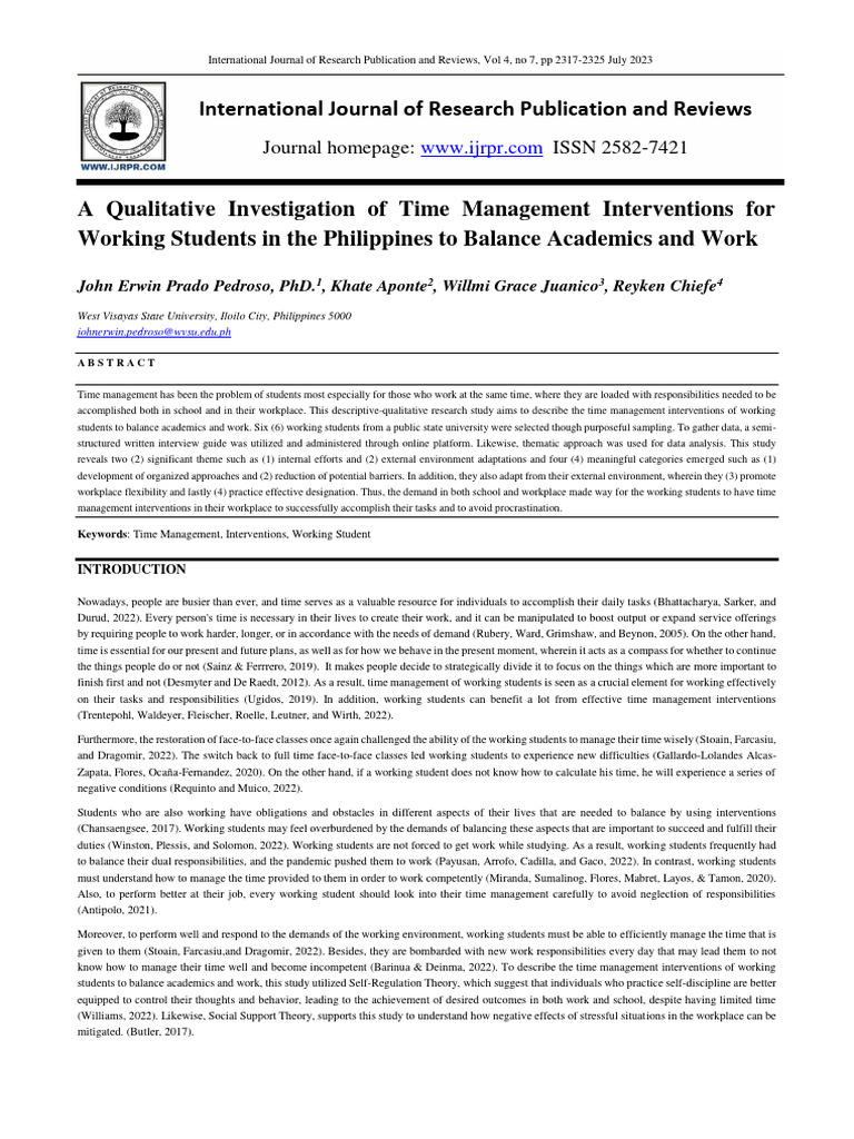 Time Management Interventions for Working Students | PDF | Time ...