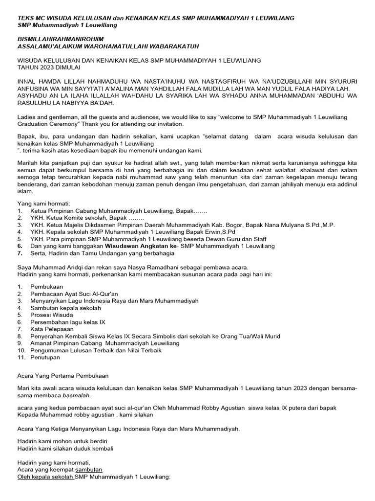 Teks MC Wisuda Kelulusan Dan Kenaikan Kelas SMP 2023 | PDF