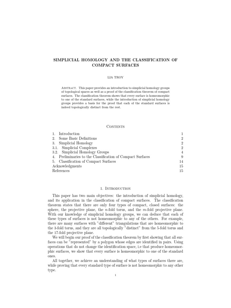 SIMPLICIAL HOMOLOGY AND THE CLASSIFICATION OF Compact Surfaces | PDF ... SIMPLICIAL HOMOLOGY AND THE CLASSIFICATION OF Compact Surfaces | PDF ...