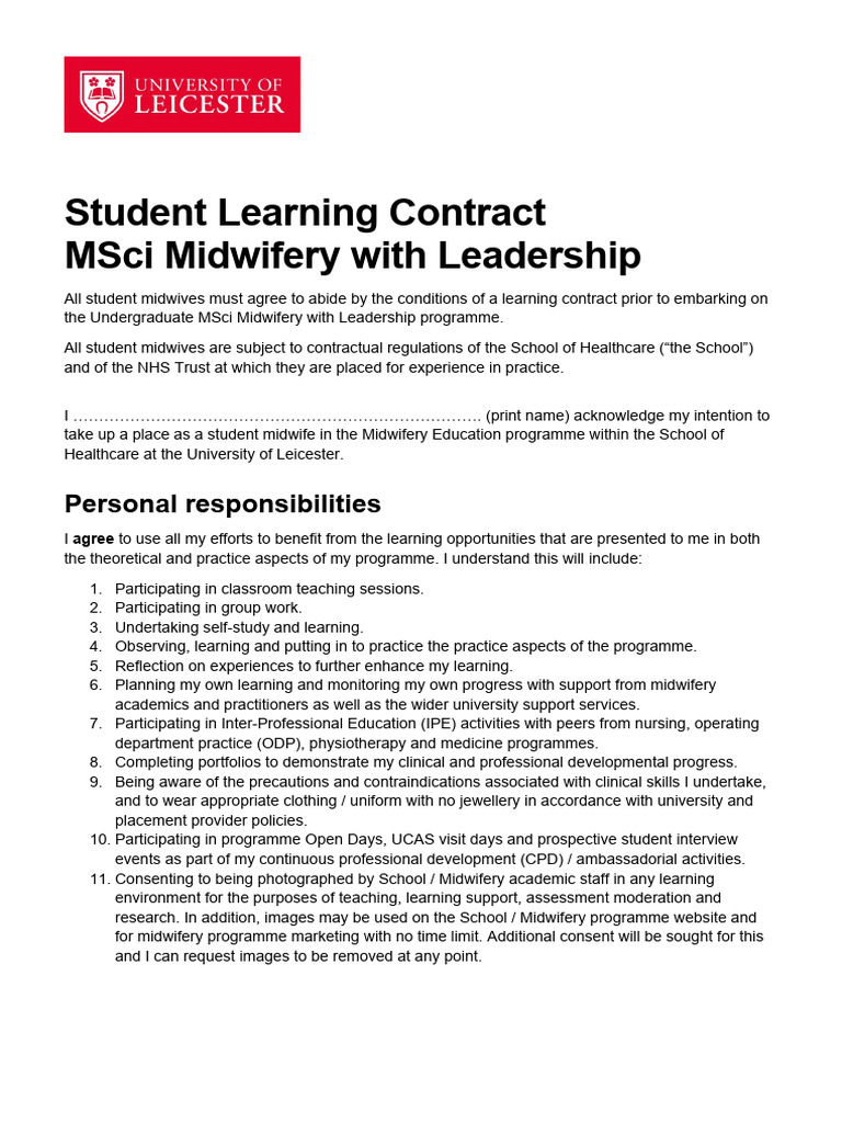 MSci Midwifery Student Learning Contract | PDF | Midwife | Nursing