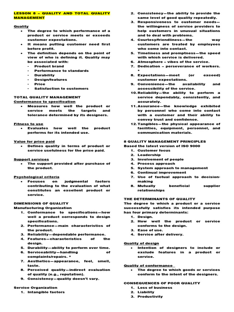 Lesson 8 - Quality and Total Quality Management | PDF | Quality ...