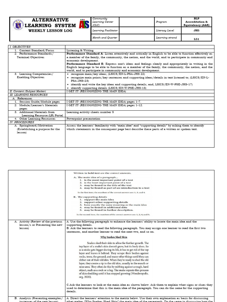 Ls1-Lesson 1 Main Idea | PDF | Learning | Paragraph